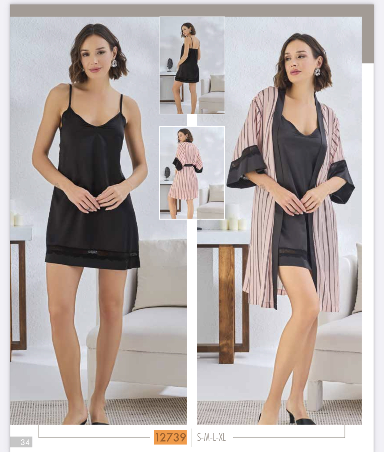 Sevim & Gizzey Satin Lace Black Nightgown and Black & Cashmere Striped ...